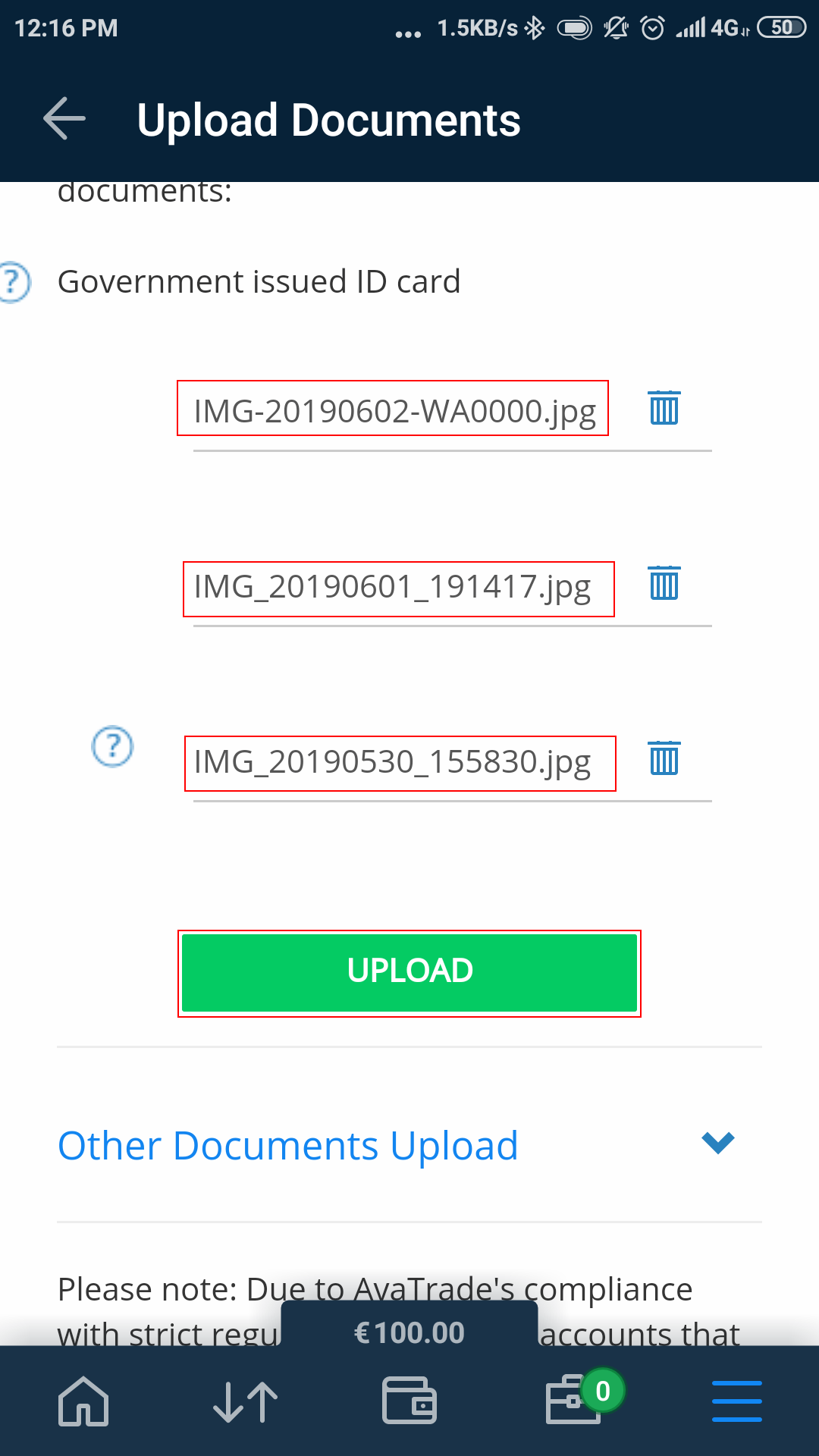How do I upload documents into My Account on the AvaTrade trading app ...